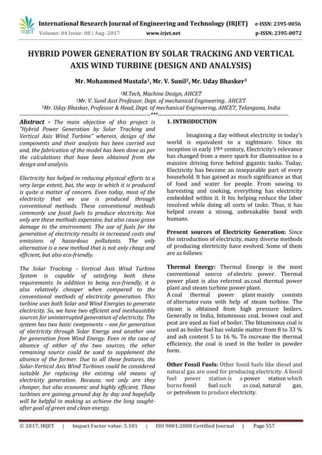 Hybrid Power Generation By Solar Tracking And Vertical Axis Wind