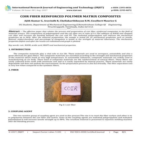 Coir Fiber Reinforced Polymer Matrix Composites Pdf Chemistry Science