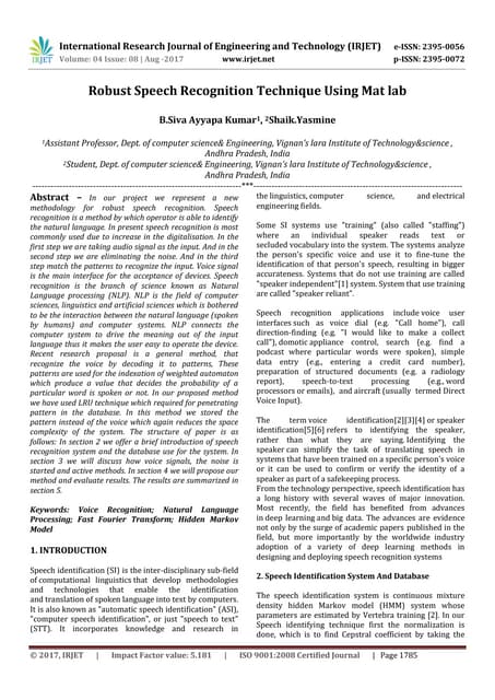 Robust Speech Recognition Technique Using Mat Lab Pdf