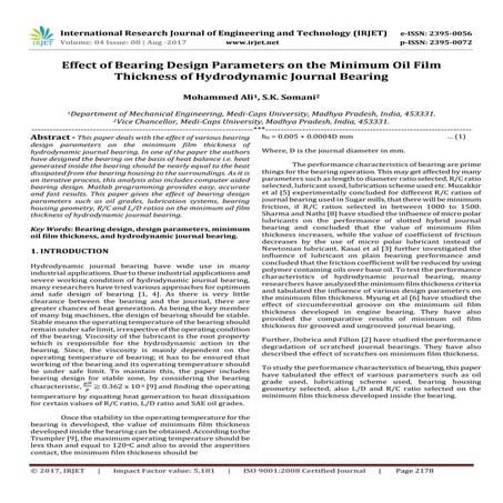 Effect of Bearing Design Parameters on the Minimum Oil Film Thickness of Hydrodynamic Journal ...