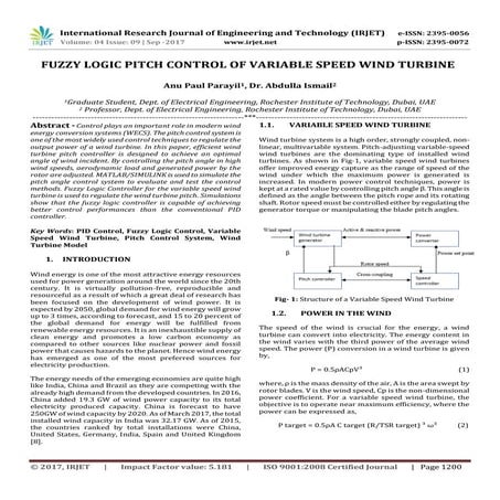 Fuzzy Logic Pitch Control of Variable Speed Wind Turbine | PDF