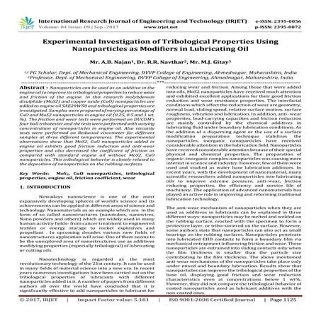 Experimental Investigation of Tribological Properties using Nanoparticles as Modifiers in ...