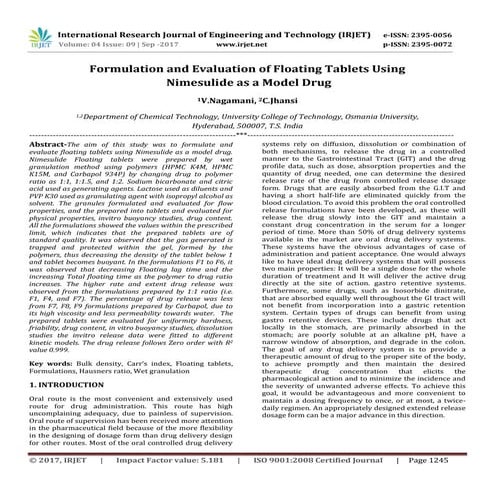 Formulation And Evaluation Of Floating Tablets Using Nimesulide As A Model Drug Pdf