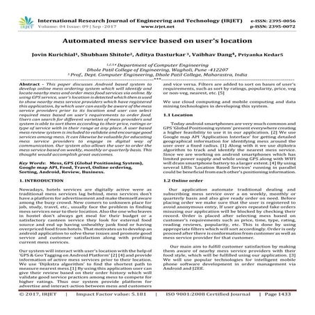 Automated Mess Service Based on User's Location | PDF