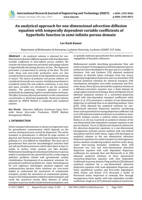 An Analytical Approach For One Dimensional Advection Diffusion Equation With Temporally 6250