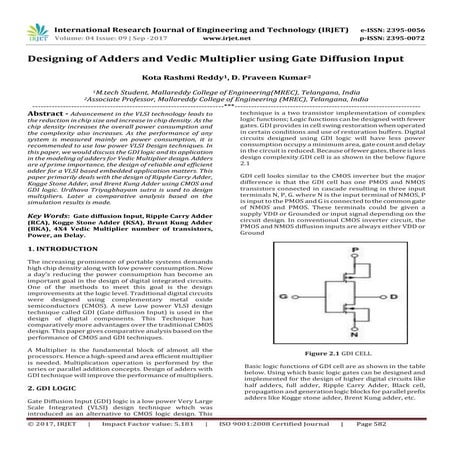 Designing Of Adders And Vedic Multiplier Using Gate Diffusion Input Pdf
