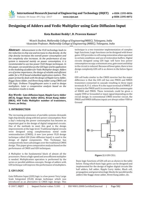 Designing Of Adders And Vedic Multiplier Using Gate Diffusion Input Pdf