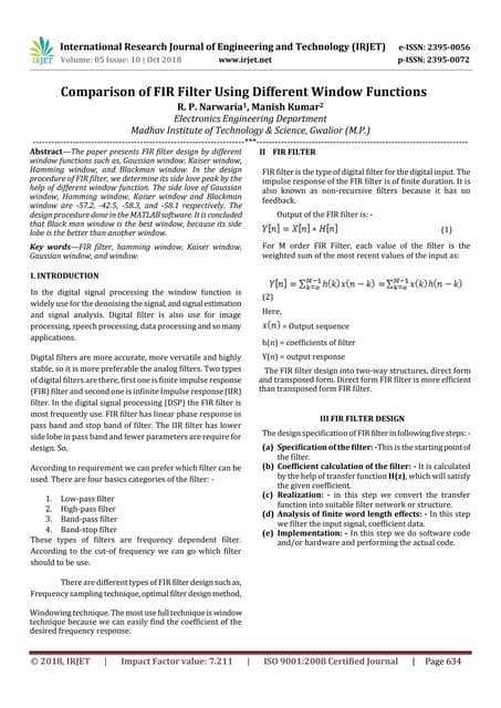 Irjet Comparison Of Fir Filter Using Different Window Functions Pdf 3067