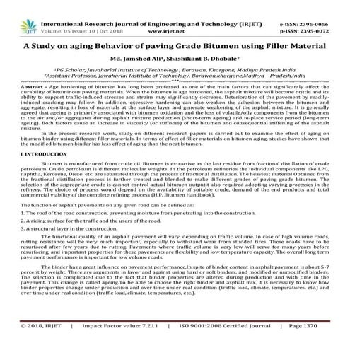 IRJET- A Study on Aging Behavior of Paving Grade Bitumen using Filler ...
