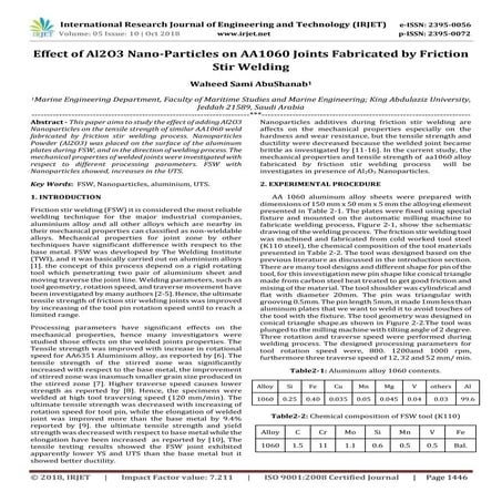 IRJET- Effect of Al2O3 Nano-Particles on AA1060 Joints Fabricated by Friction Stir Welding | PDF