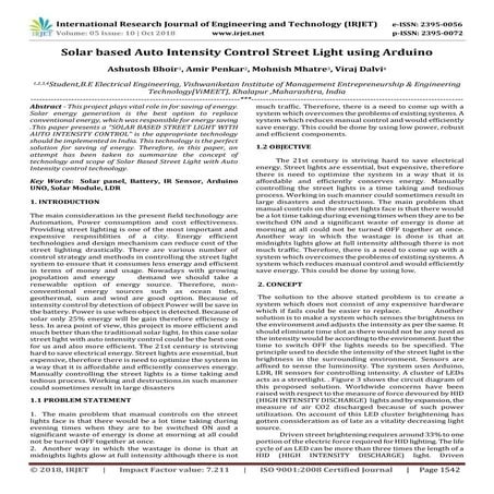 IRJET- Solar based Auto Intensity Control Street Light using Arduino | PDF