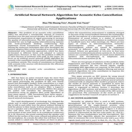 Irjet Artificial Neural Network Algorithm For Acoustic Echo