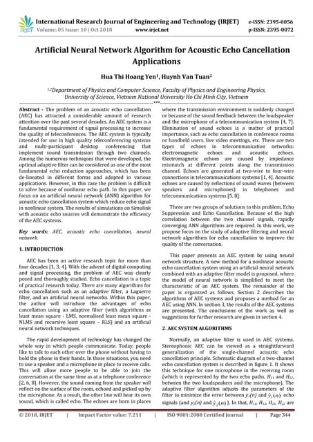 Irjet Artificial Neural Network Algorithm For Acoustic Echo