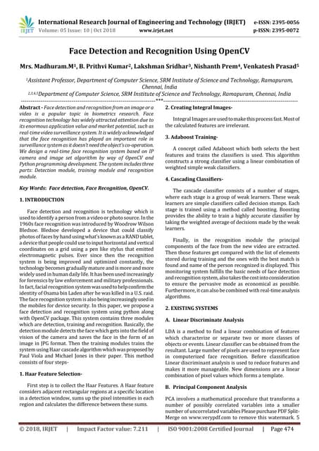 Irjet Face Detection And Recognition Using Opencv Pdf