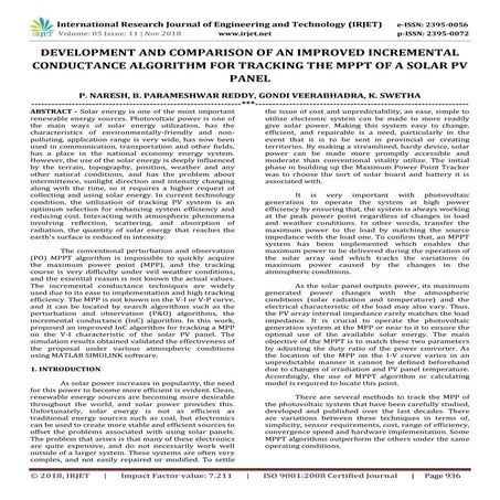 Irjet Development And Comparison Of An Improved Incremental Conductance Algorithm For Tracking