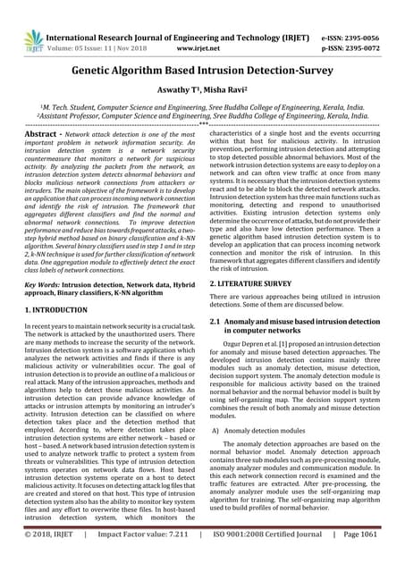 Irjet Genetic Algorithm Based Intrusion Detection Survey Pdf