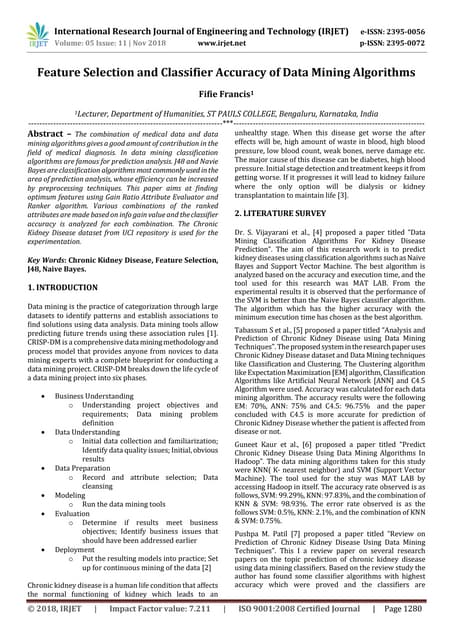Irjet Feature Selection And Classifier Accuracy Of Data Mining Algorithms Pdf 3077