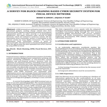 IRJET- A Survey for Block Chaining based Cyber Security System for Fiscal Device Network | PDF