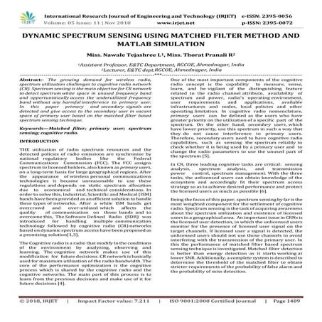 Irjet Dynamic Spectrum Sensing Using Matched Filter Method And Matlab 6901