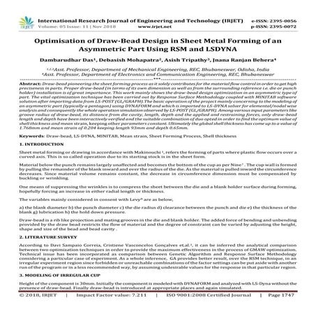 IRJET- Optimisation of Draw-Bead Design in Sheet Metal Forming of an Asymmetric Part using RSM ...