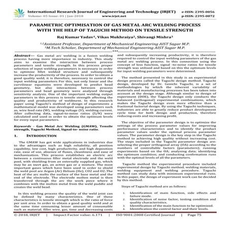 IRJET-Parametric Optimisation of Gas Metal Arc Welding Process with the Help of Taguchi Method ...