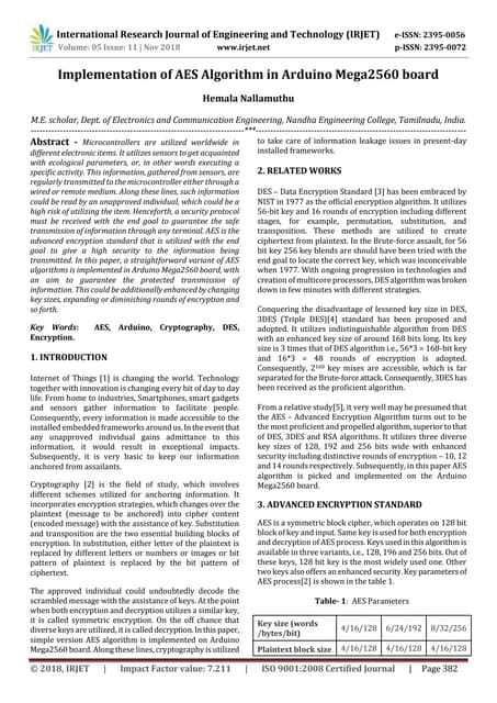 Irjet Implementation Of Aes Algorithm In Arduino Mega2560 Board Pdf 8866