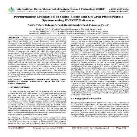 Irjet Performance Evaluation Of Stand Alone And On Grid Photovoltaic