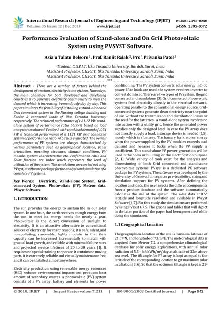 Irjet Performance Evaluation Of Stand Alone And On Grid Photovoltaic