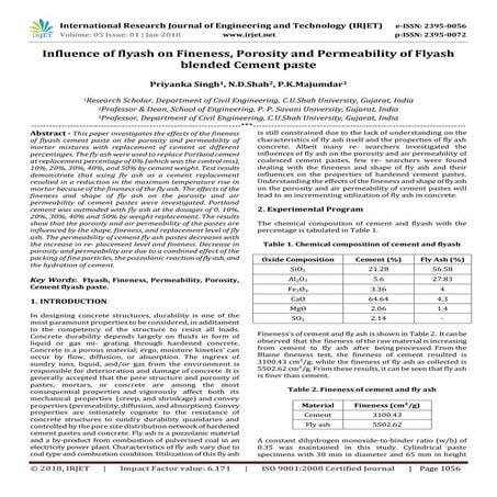 Influence of Flyash on Fineness, Porosity and Permeability of Flyash Blended Cement Paste | PDF