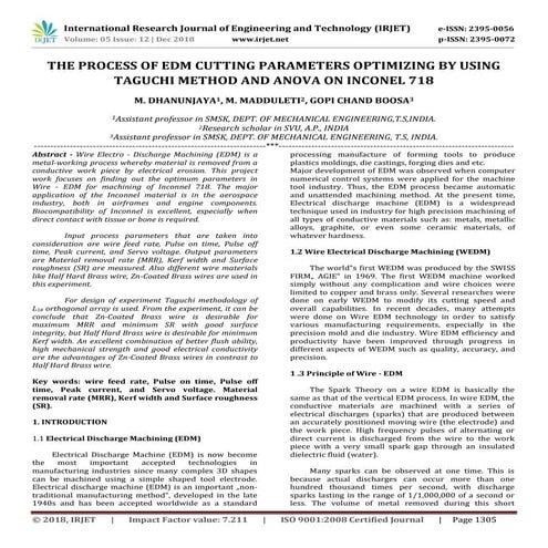 IRJET- The Process of Edm Cutting Parameters Optimizing by using Taguchi Method and Anova on ...