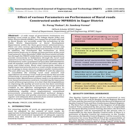 IRJET- Effect of Various Parameters on Performance of Rural Roads ...
