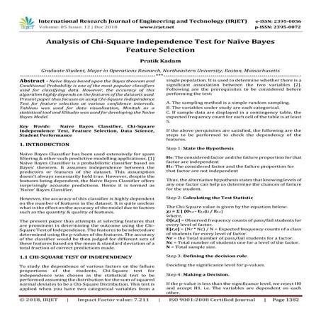 Irjet Analysis Of Chi Square Independence Test For Naïve Bayes Feature Selection Pdf