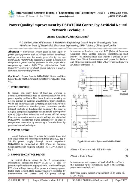 Irjet Power Quality Improvement By Dstatcom Control By Artificial Neural Network Technique Pdf