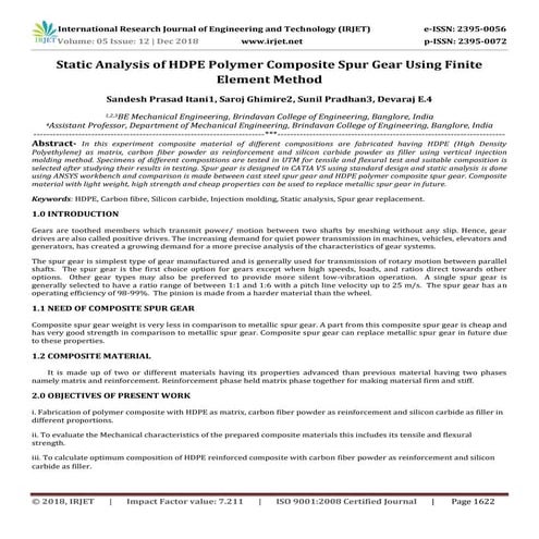 IRJET- Static Analysis of HDPE Polymer Composite Spur Gear using Finite Element Method | PDF