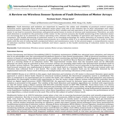 Irjet A Review On Wireless Sensor System Of Fault Detection Of Motor