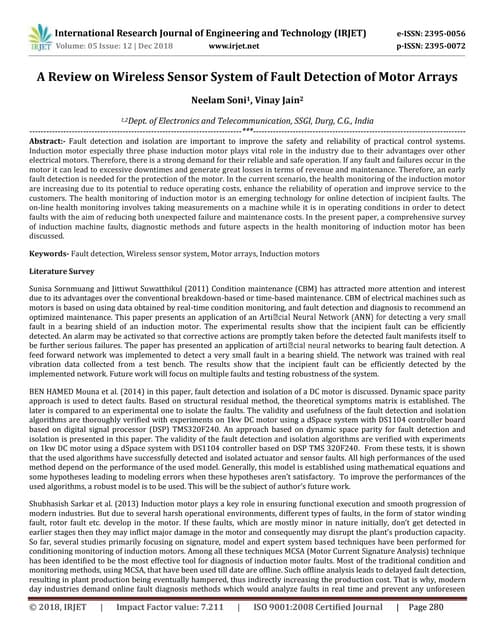 Irjet A Review On Wireless Sensor System Of Fault Detection Of Motor
