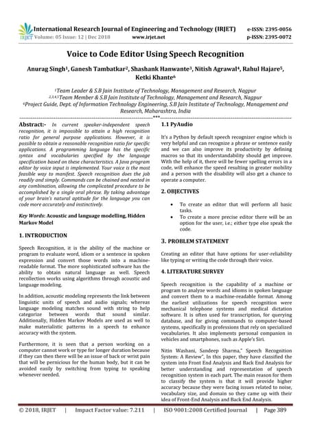 Irjet Voice To Code Editor Using Speech Recognition Pdf