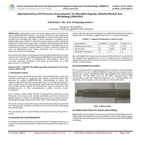 IRJET-Optimization of Process Parameter in Hardfacing by Shield Metal Arc Welding (SMAW) | PDF