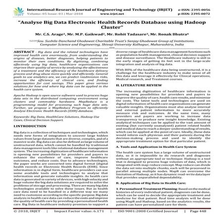 Irjet Analyse Big Data Electronic Health Records Database Using Hadoop Cluster Pdf
