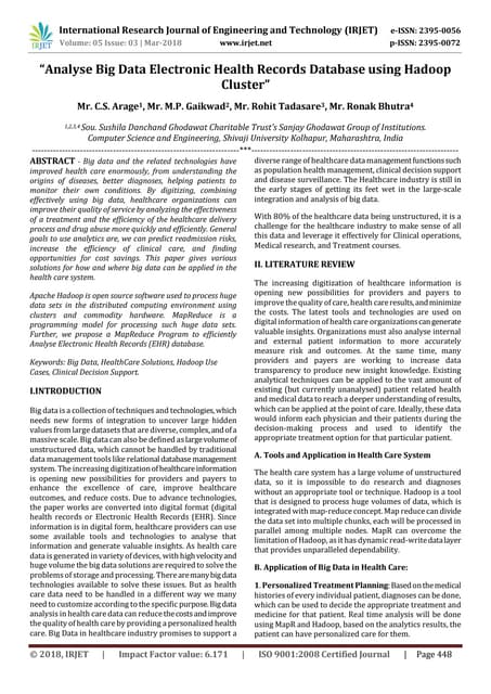 Irjet Analyse Big Data Electronic Health Records Database Using Hadoop Cluster Pdf