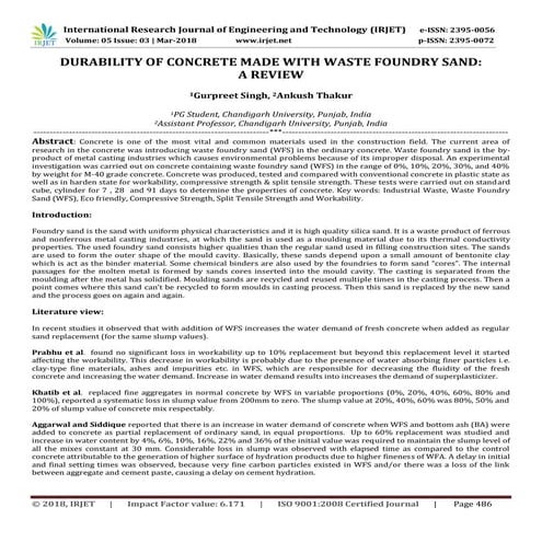 Waste Foundry Sand as Partial Replacement of Fine aggregate in Concrete ...