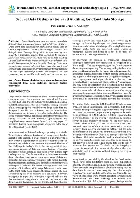 Irjet Secure Data Deduplication And Auditing For Cloud Data Storage Pdf