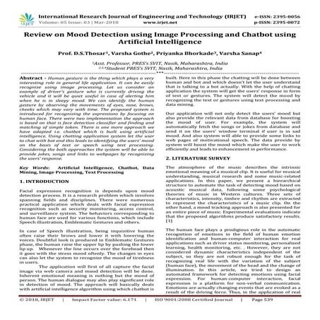 Irjet Review On Mood Detection Using Image Processing And Chatbot