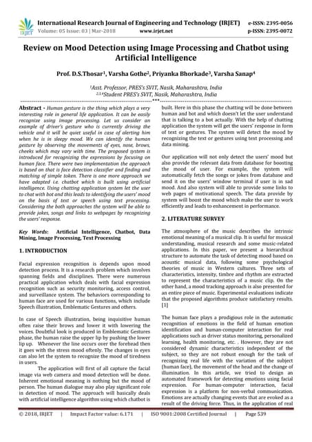 Irjet Review On Mood Detection Using Image Processing And Chatbot