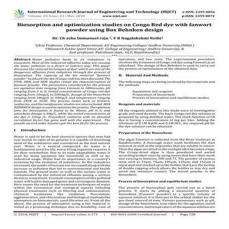 IRJET- Biosorption and Optimization Studies on Congo Red Dye with Fanwort Powder using Box ...
