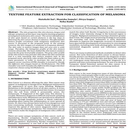 Irjet Texture Feature Extraction For Classification Of Melanoma Pdf Skin And Dermatology