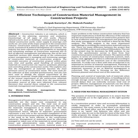 Irjet Efficient Techniques Of Construction Material Management In Construction Projects Pdf