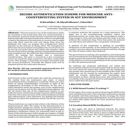 IRJET- Secure Authentication Scheme for Medicine Anti-Counterfeiting System in IoT Environment | PDF