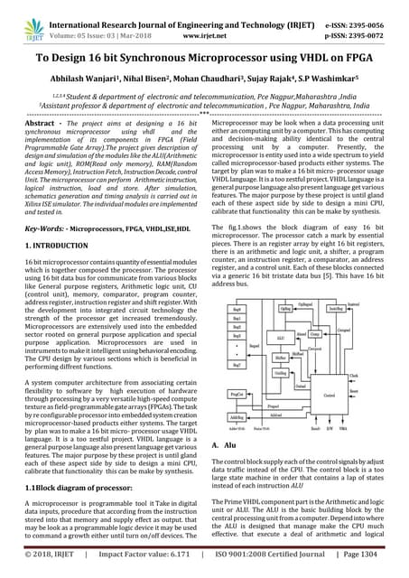 Irjet To Design 16 Bit Synchronous Microprocessor Using Vhdl On Fpga Pdf
