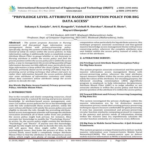 IRJET- Priviledge Level Attribute Based Encryption Policy for Big Data Access | PDF